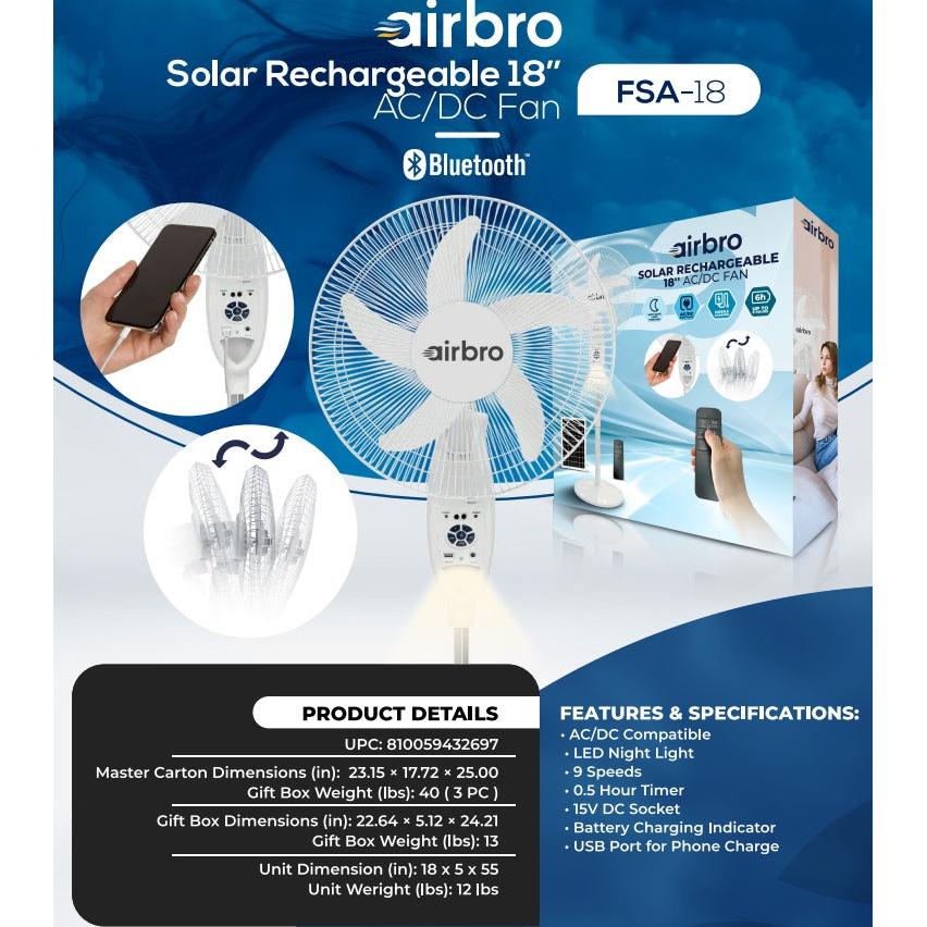 Airbro FSA-18 18-Inch Solar Rechargeable AC/DC Fan – Bluetooth & Dual ...