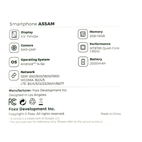 Foxx A55AM Smartphone 5.5" Display, 2GB RAM, 16GB Storage, Android 14 – Electro Vision Inc